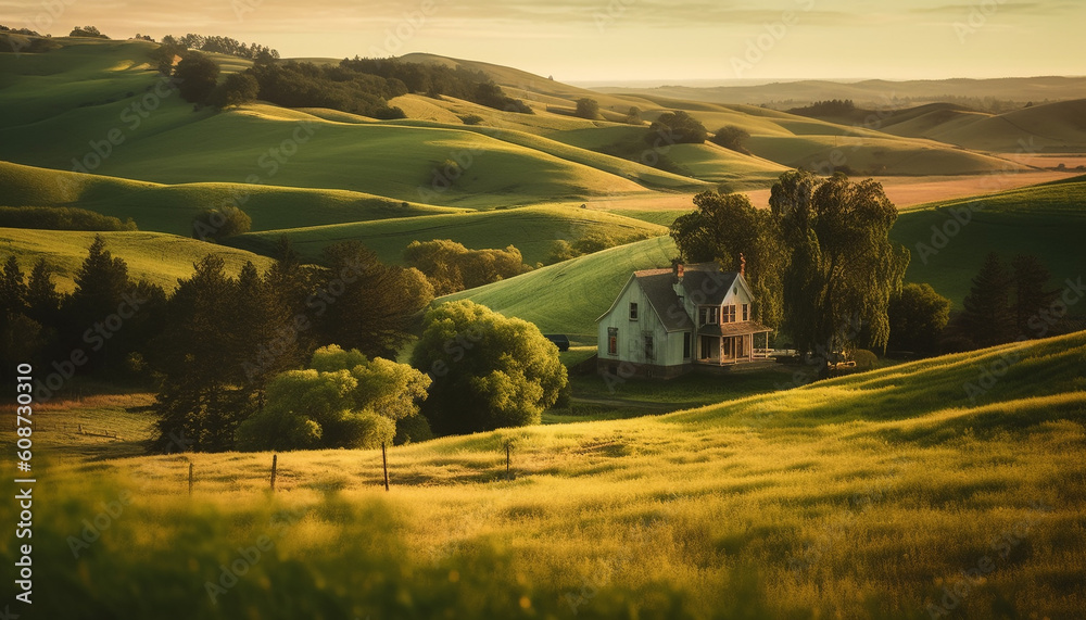 Tranquil rural scene: farm, meadow, tree, grass, sunset, beauty in ...