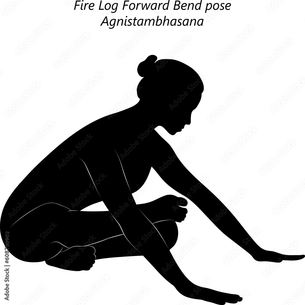 Flat black silhouette of young woman practicing yoga, doing Fire Log ...