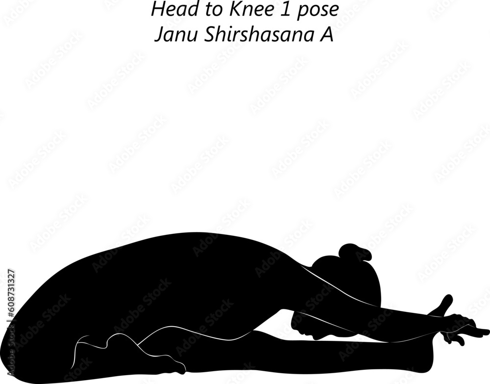 Flat black silhouette of young woman practicing yoga, doing Head to ...