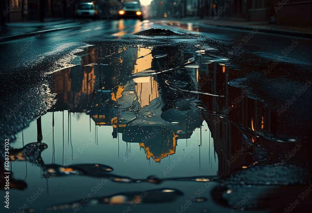 City night street reflected in a puddle of water after rain. AI ...
