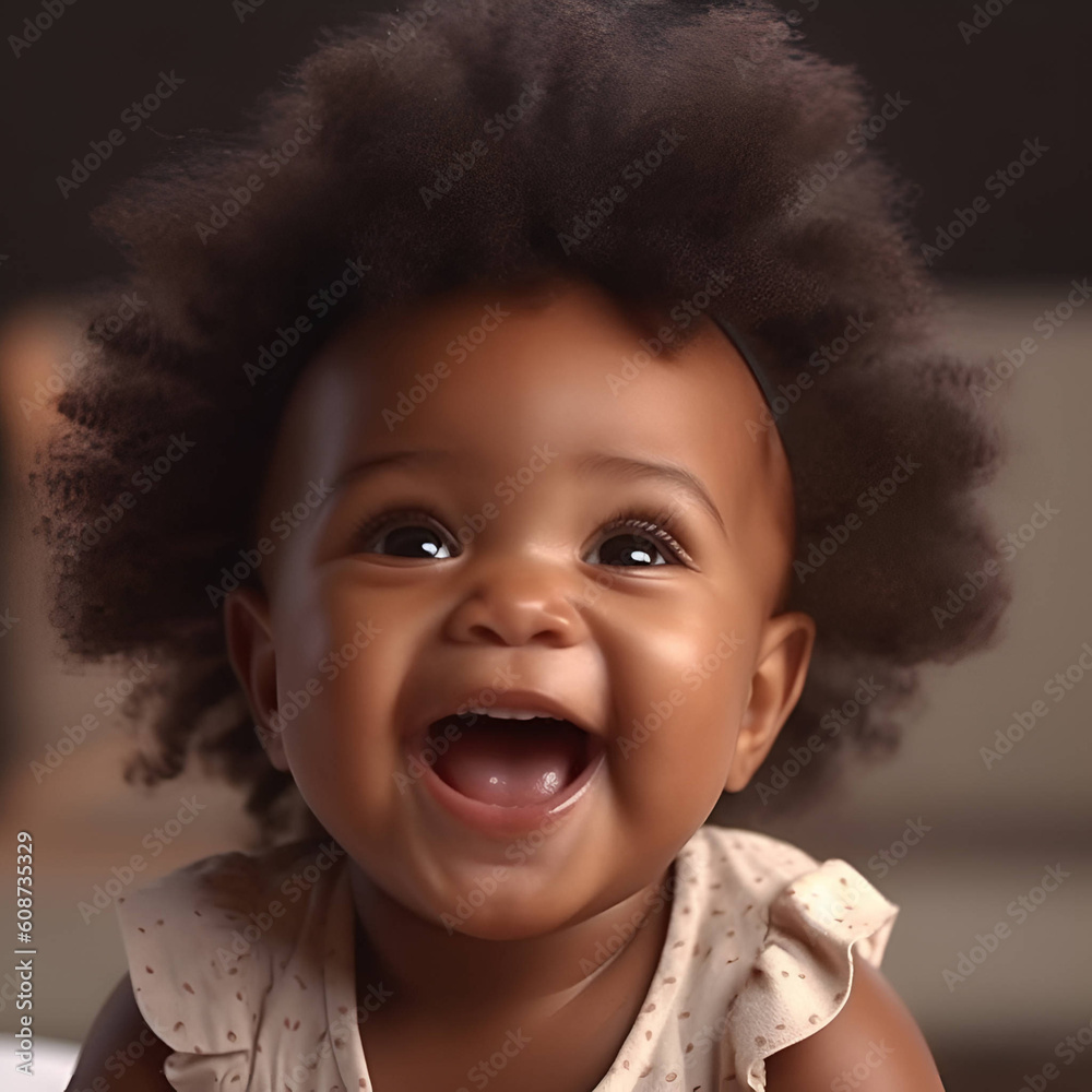 Portrait of a cute laughing dark-skinned baby, four to five months old ...