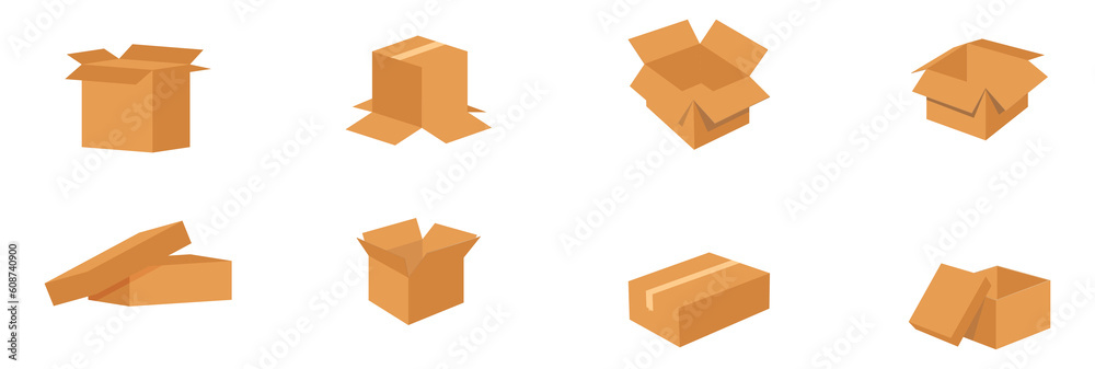 Cardboard boxes set, Different dimensions of boxes, open and packed ...