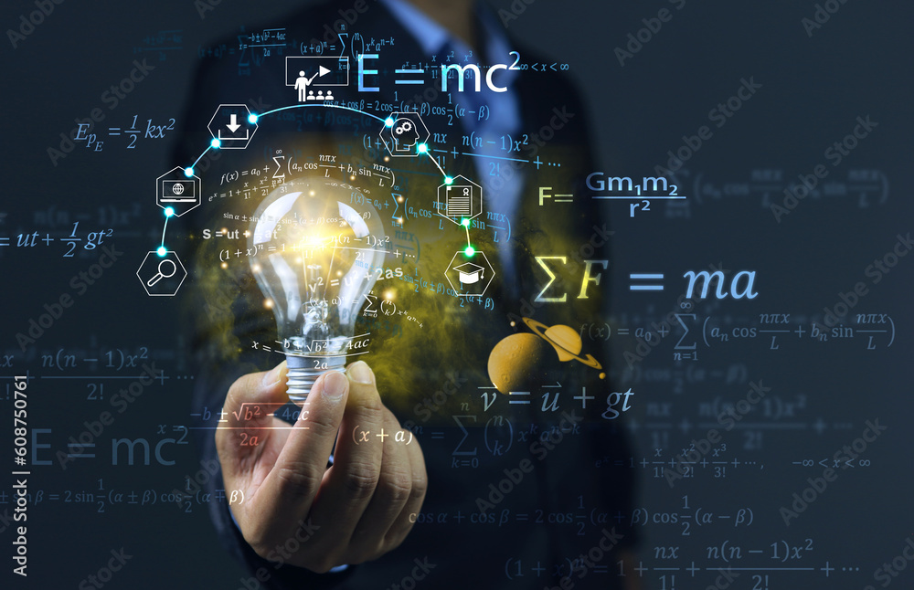 The student held a light bulb and physics equations floated around him ...