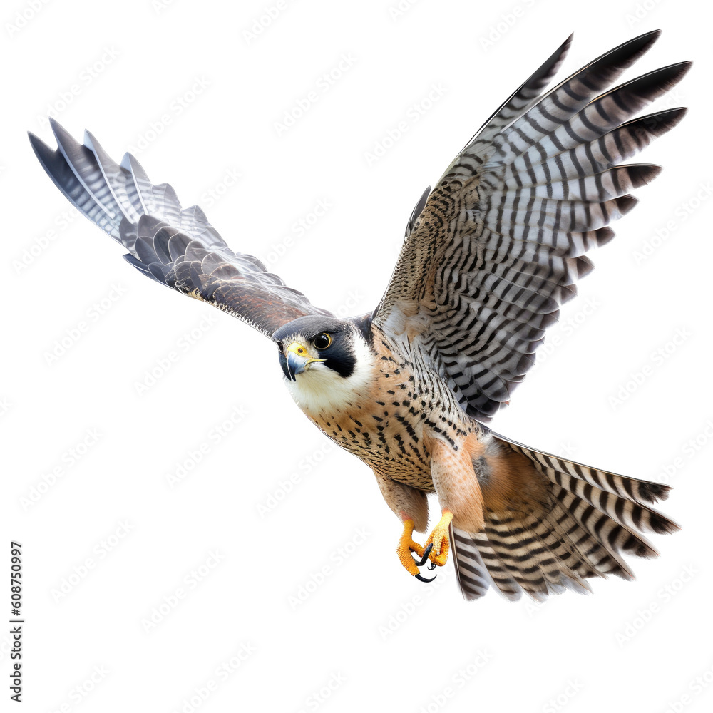 a Peregrine Falcon Falco peregrinus, in flight, 3/4 view, captivating ...