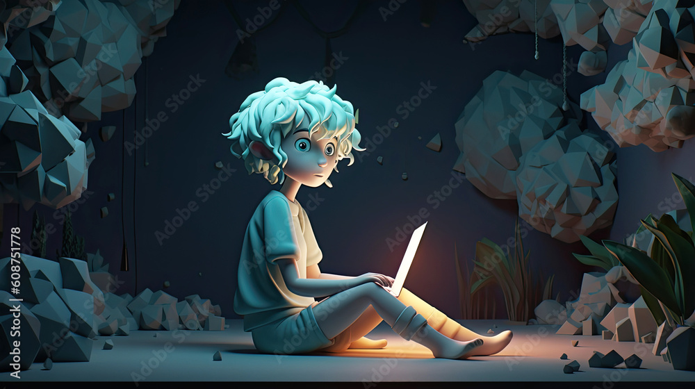 kid child girl with laptop.Happy child girl learning online with ...