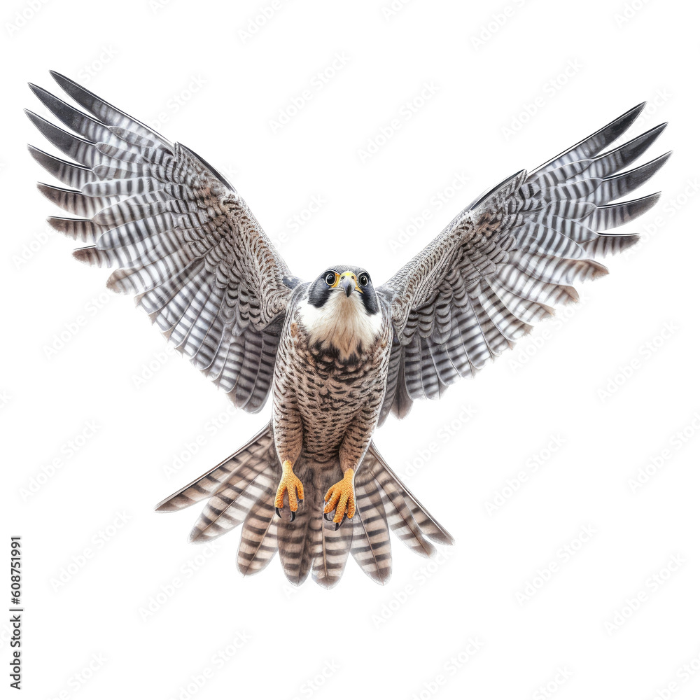 a Peregrine Falcon, Falco peregrinus in-flight wings spread frontal ...