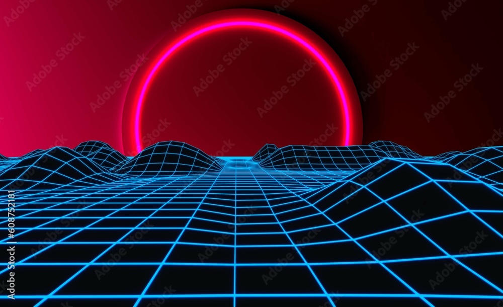 Retro wave, synthwave digital city landscape. Sunset view from over the ...