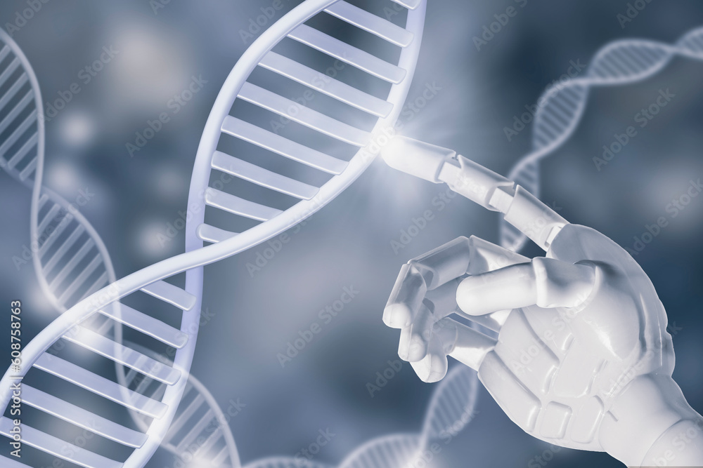 Plastic robot arm pointing at DNA. Artificial intelligence genetically ...