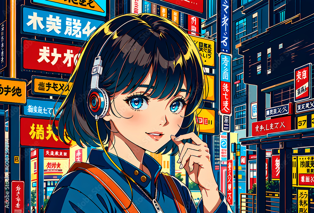 girl, city, tokyo, japan, short hair, anime, cartoon, city pop, AI art ...