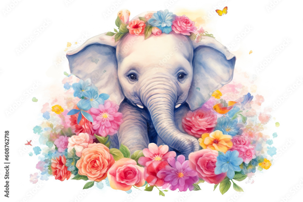 drawing baby elephant with flowers isolated on white background ...
