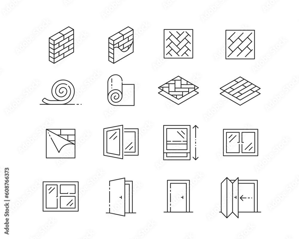 Walls, Floors, Windows and Doors Icon collection containing 16 editable ...