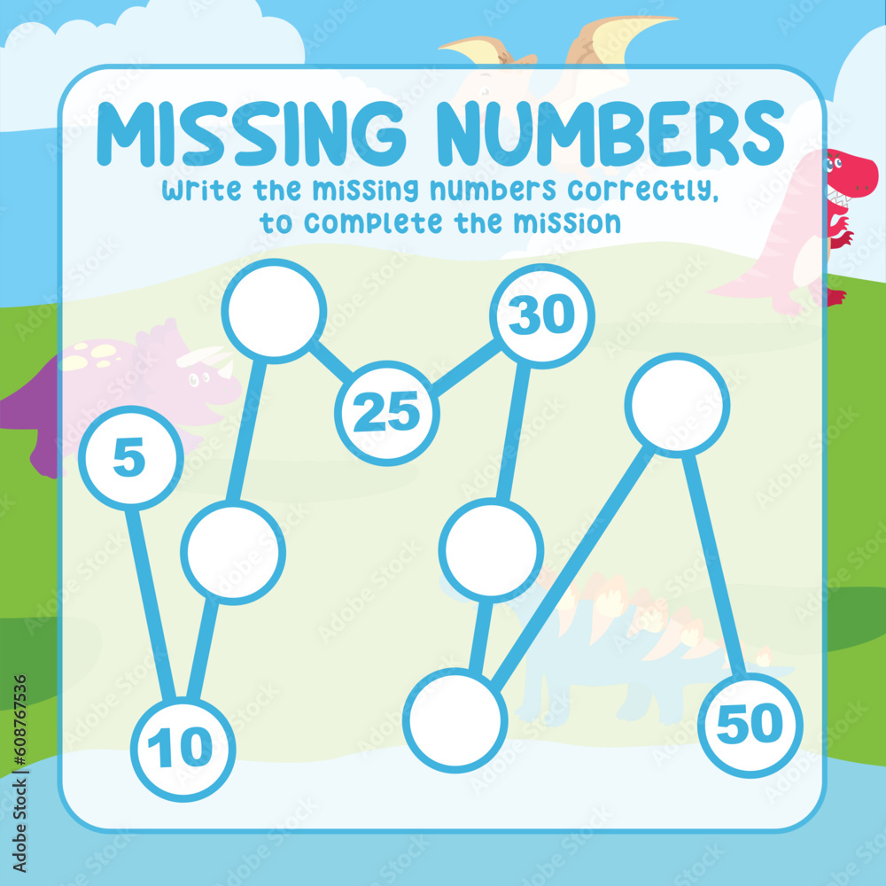 Vetor de Missing number worksheet for preschool children. Write the ...