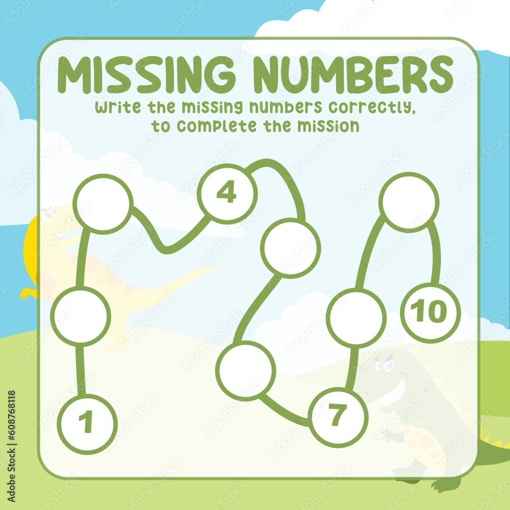 Vetor de Missing number worksheet for preschool children. Write the ...