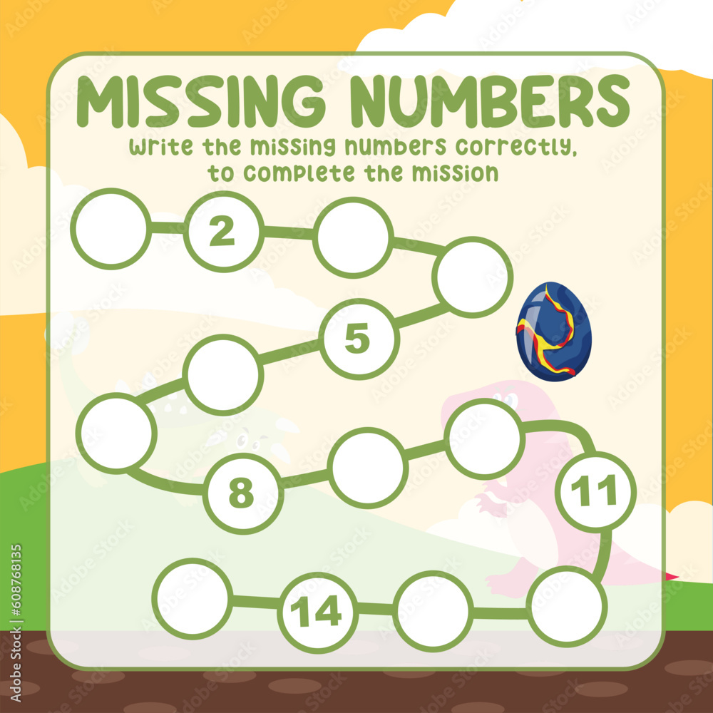 Vetor de Missing number worksheet for preschool children. Write the ...