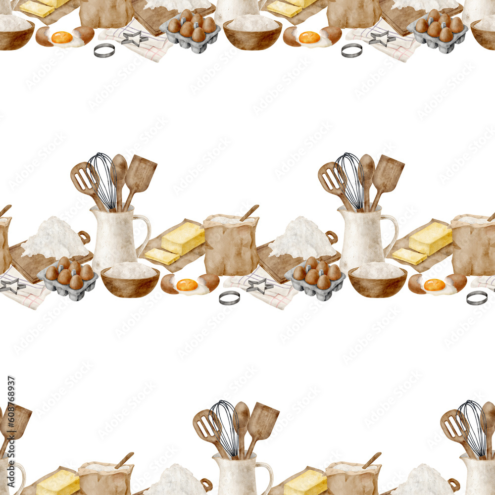 Baking ingredients and tools seamless border. Watercolor pattern with ...