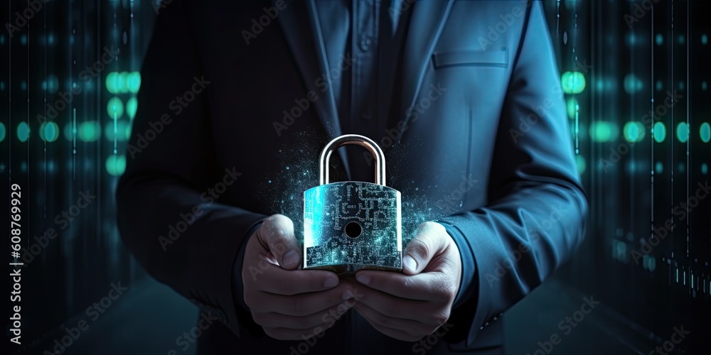 a business person holding a lock, representing financial data ...