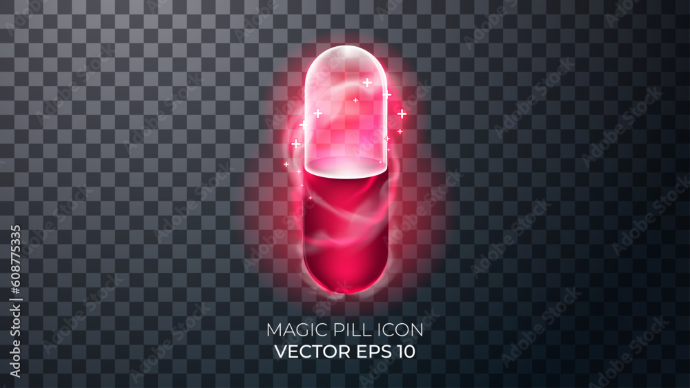 Red magic pill image 3d realistic render. Waves of magical smoke wrap ...