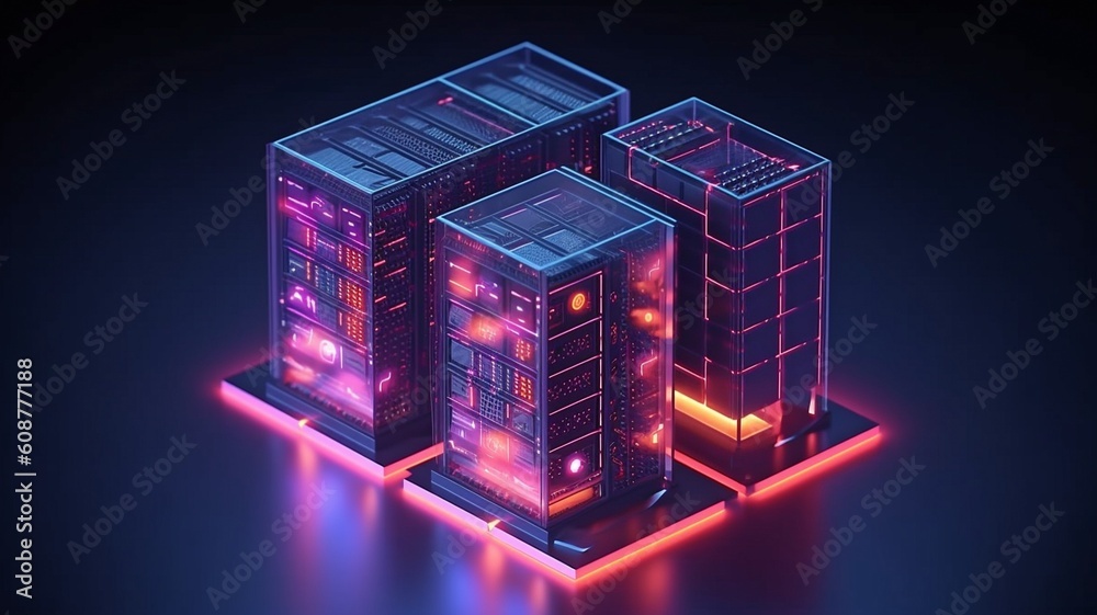3D rendering of a server room featuring a data design element for node-based programming ...