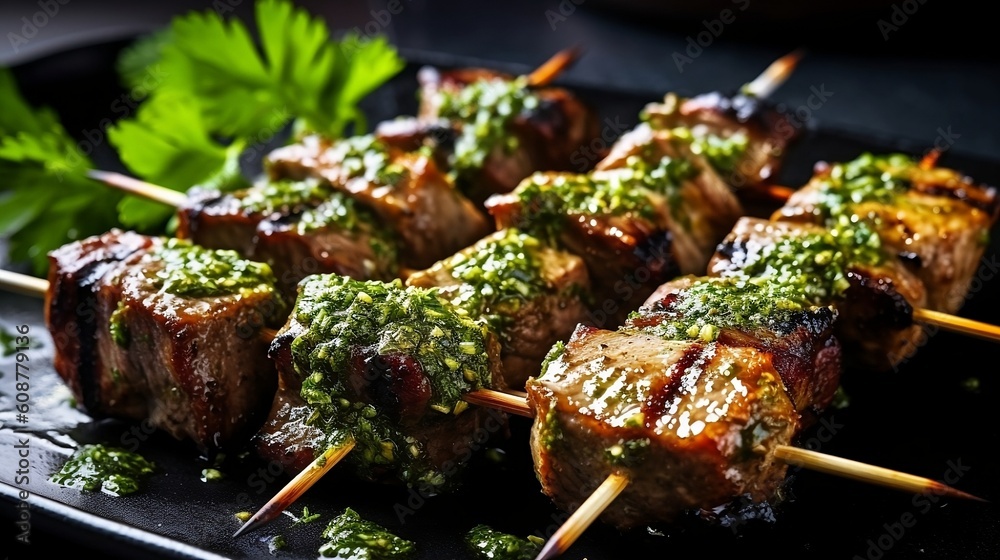 Meat grilled stake, barbeque , fire, salad, fine dining, green Stock ...