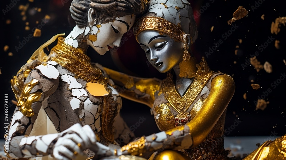 Romantic love Radha Krishna with kintsugi art, Various physical ...