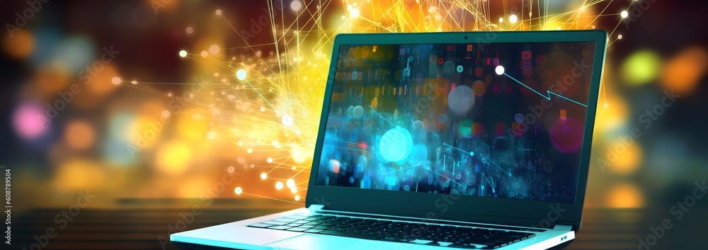 work computer background with some abstract text and lights on a laptop ...