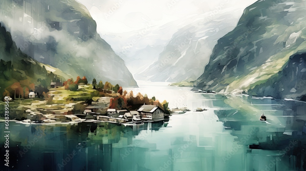 Geiranger Fjord Norway illustration - made with Generative AI tools ...