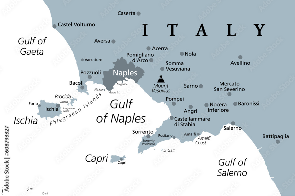Gulf of Naples, gray political map. Bay of Naples, located along south ...