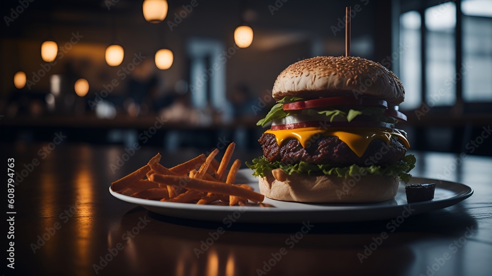 zinger burger in white plate in restaurant, realistic, 8k, UHD, full 8k ...