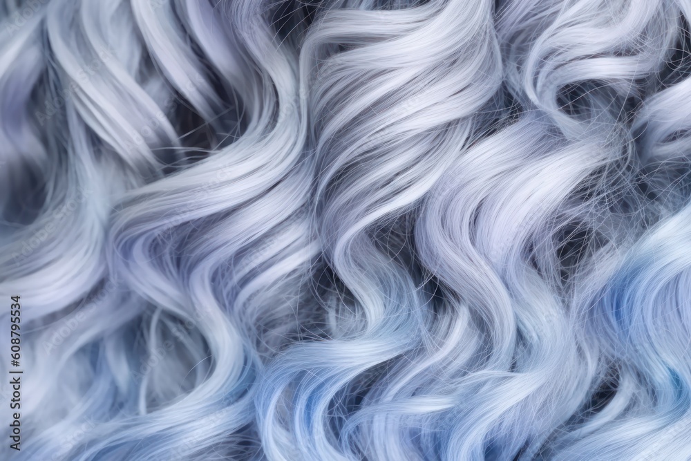 Pastel blue color Hair texture closeup. Wavy light blue and gray hair ...