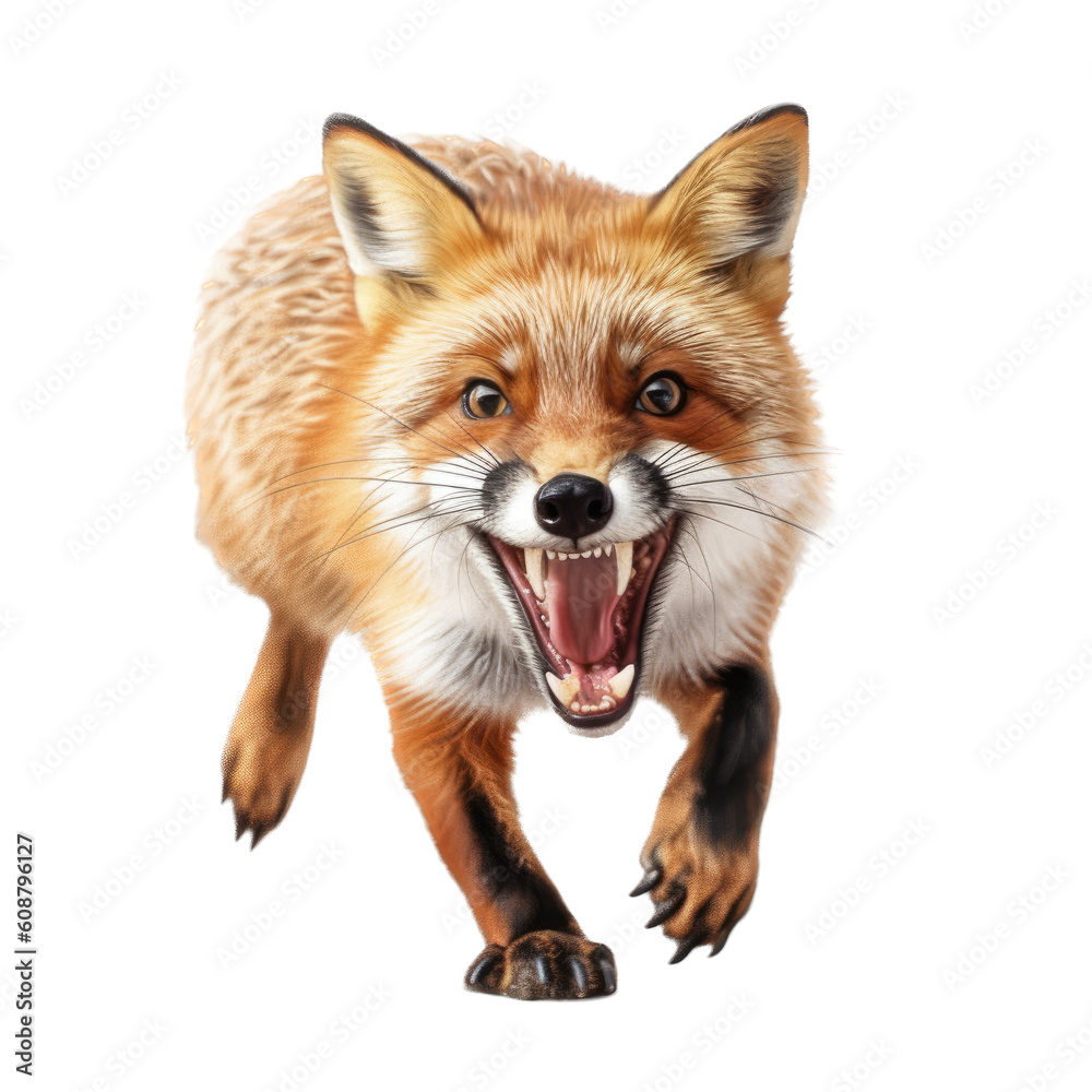 a full-body, vicious red fox in a frontal view as a transparent PNG ...