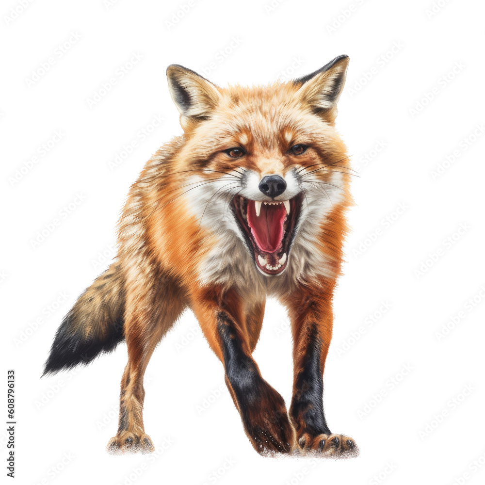 a full-body, vicious red fox in a frontal view as a transparent PNG ...