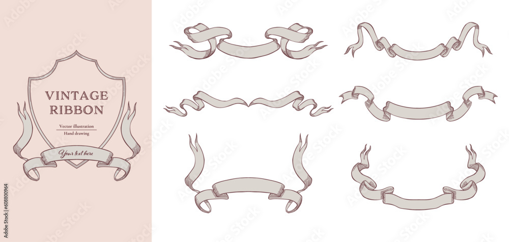 Vintage style ribbon's vector illustration set. Hand drawn line art for ...