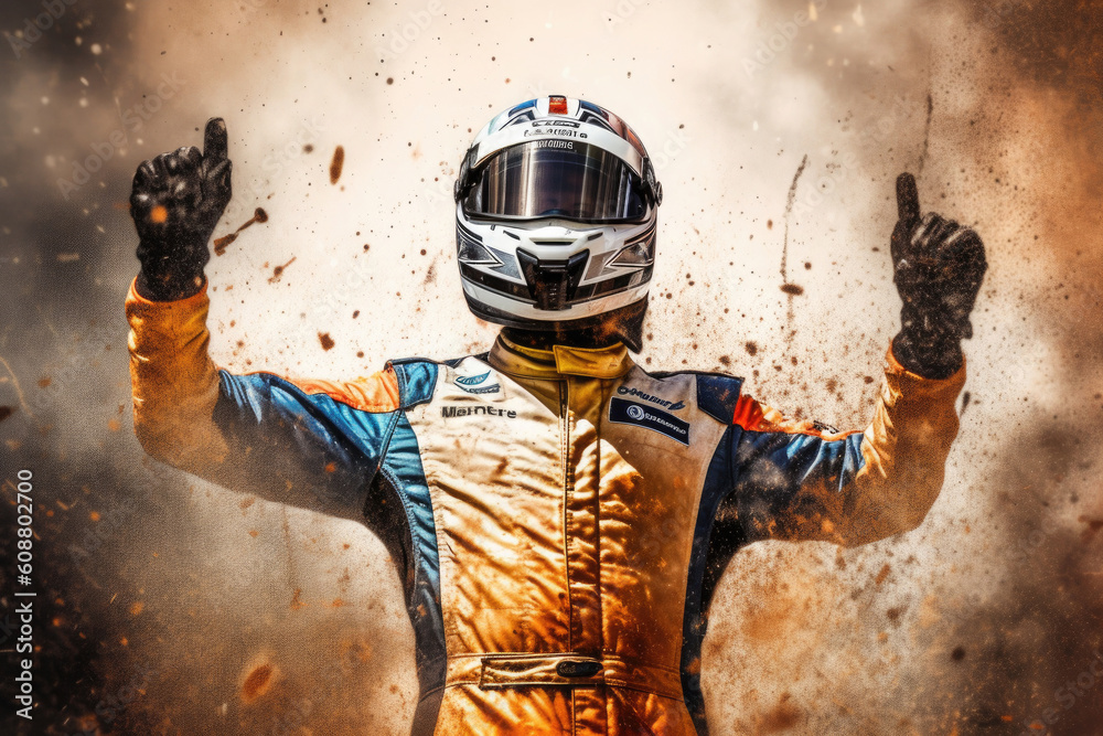 Motorsports championship. Formula 1 driver in helmet celebrates winning ...
