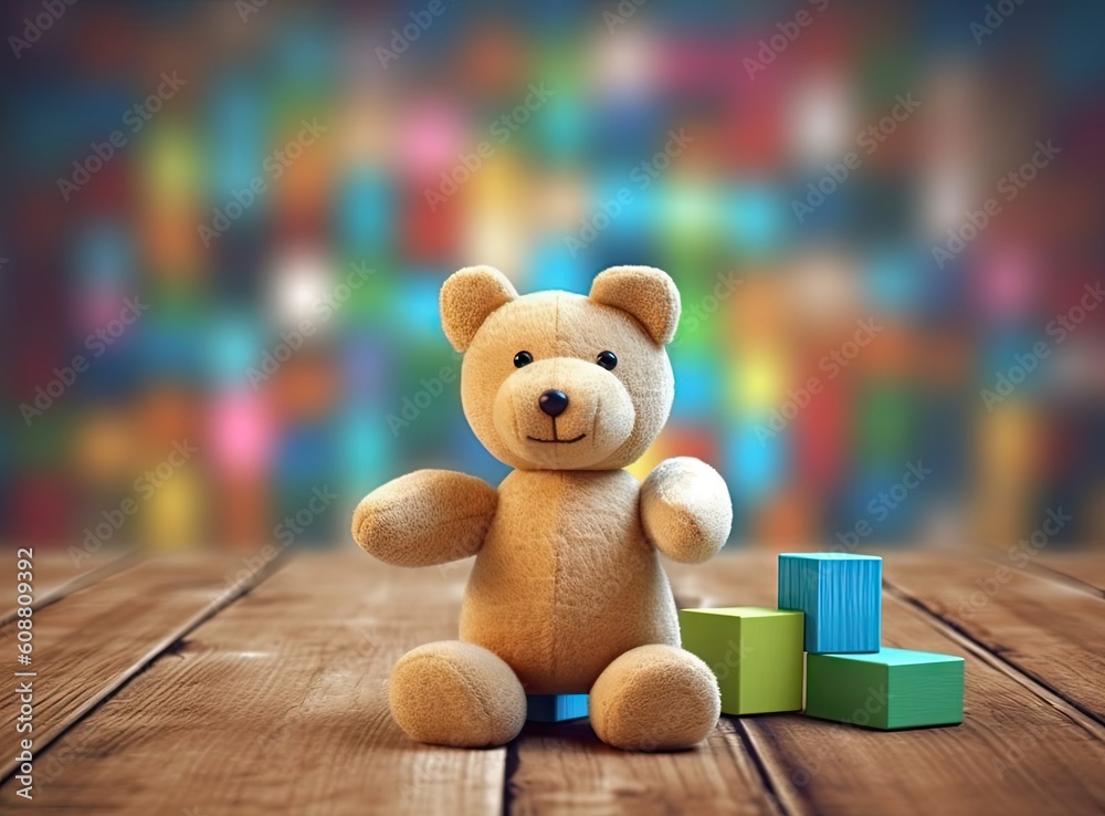 Container with teddy bear, wooden rattles, stacking pyramid and wood ...