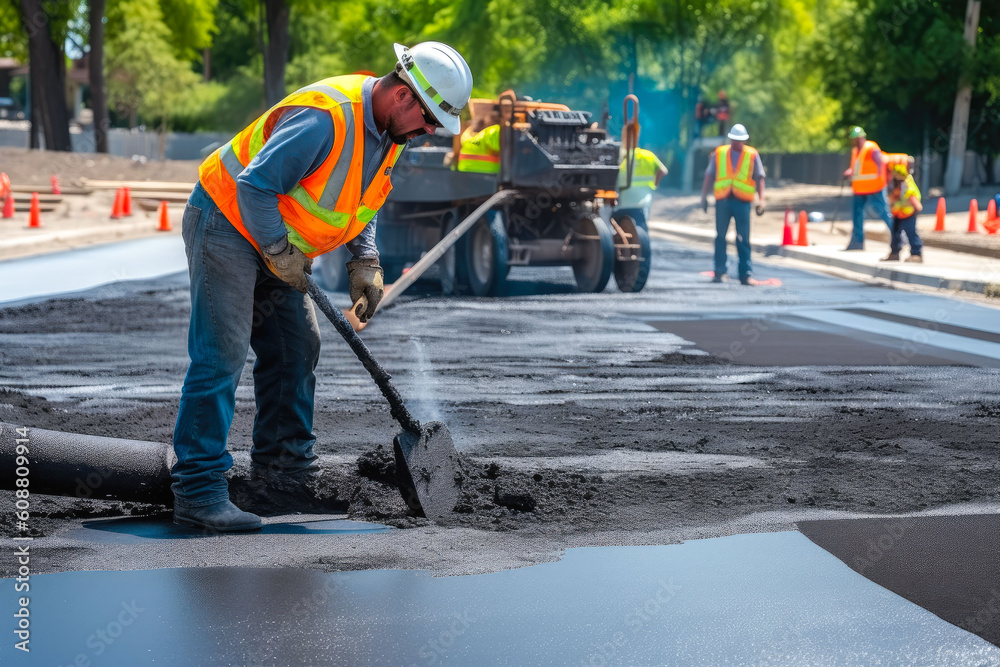 Male worker lays asphalt road repair road paving. A man in overalls is ...