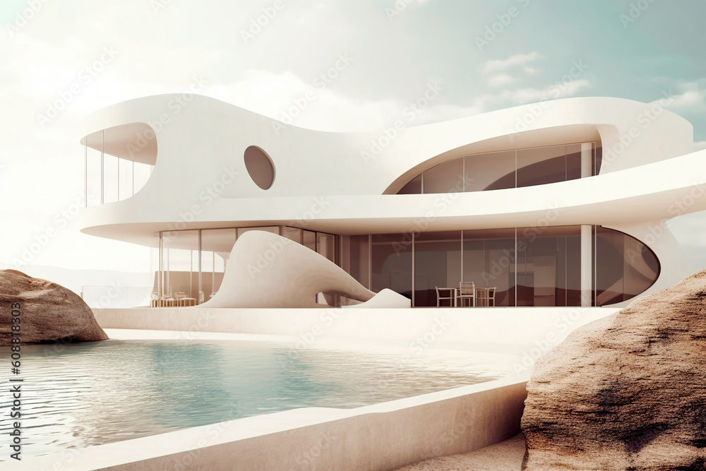 Modern minimalist round and curved shaped luxury house. Villa with ...