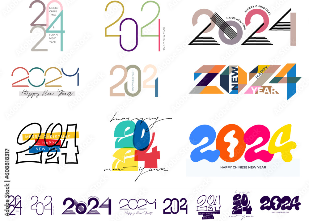 2024 Happy New Year color logo text design. Set of 2024 number design ...