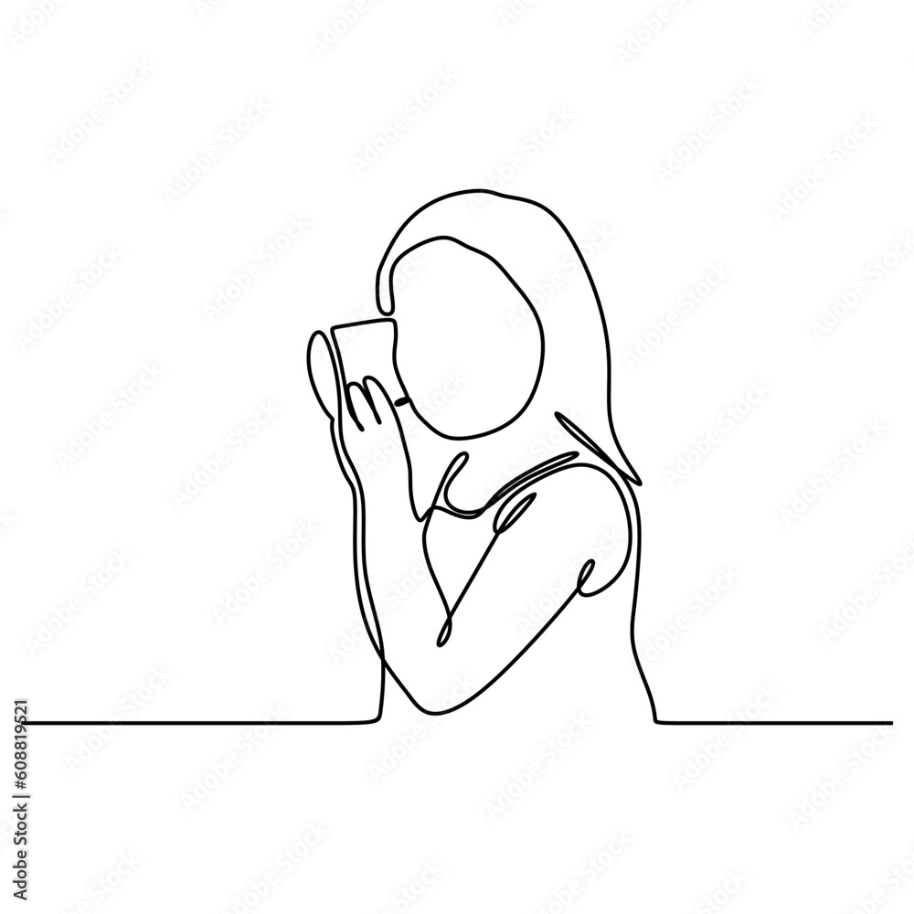 continuous line drawing of curious girl listens. portrait kid hearing ...