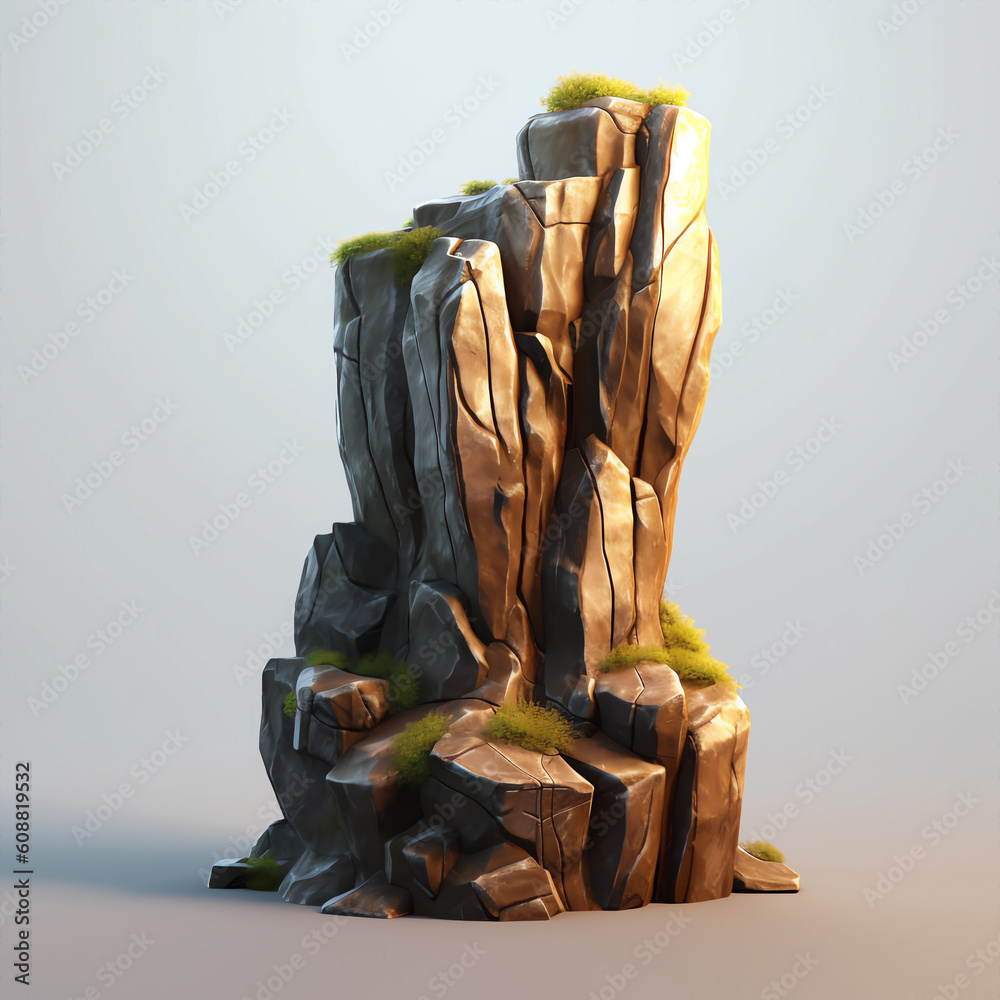 Tall rock with moss hand painted style illustration. Cliff stone. Hand ...