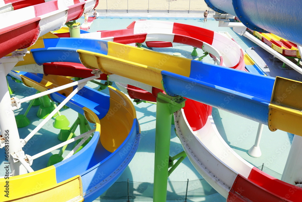 Water slides in water aqua park. Active recreation for children and ...