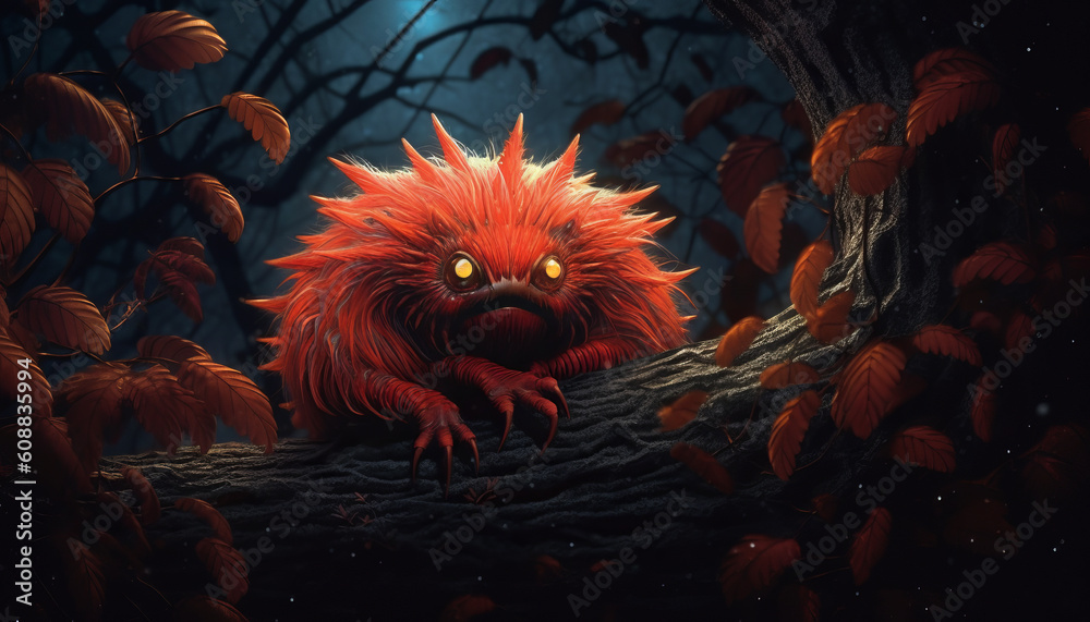 A demonic creature with red luminous eyes, in the forest at night more ...