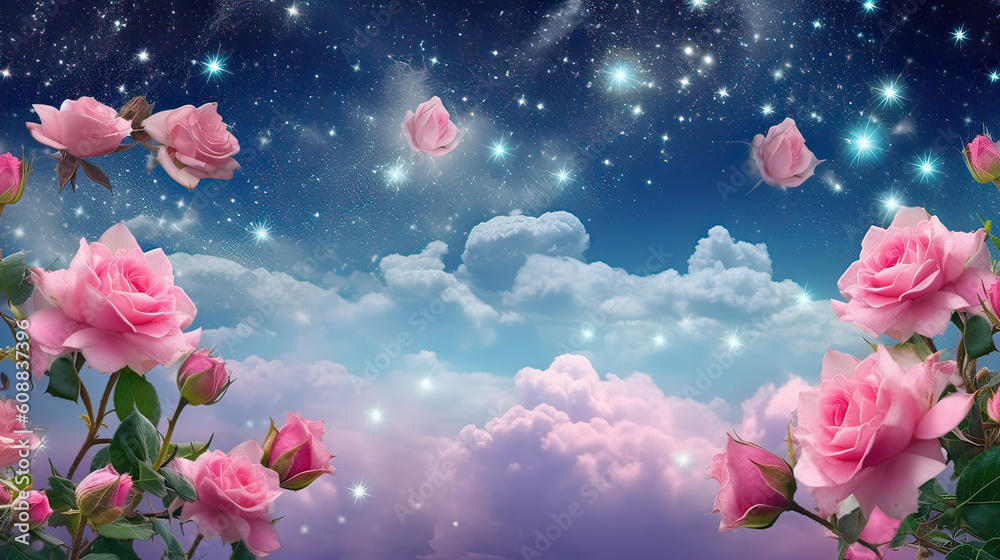 Fantasy magical morning or evening sky with fabulous romantic pink rose ...