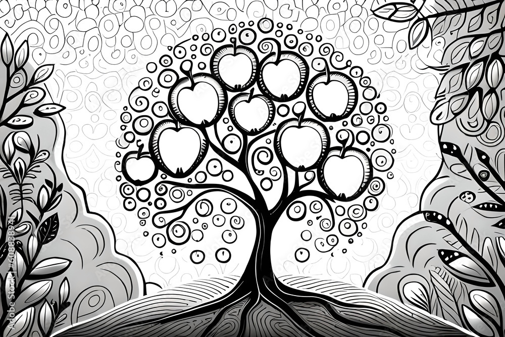 Apple tree coloring page for children and adults. Beautiful drawings ...