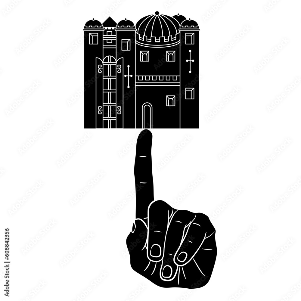 Human hand holding medieval castle on fingertip. Funny architectural ...