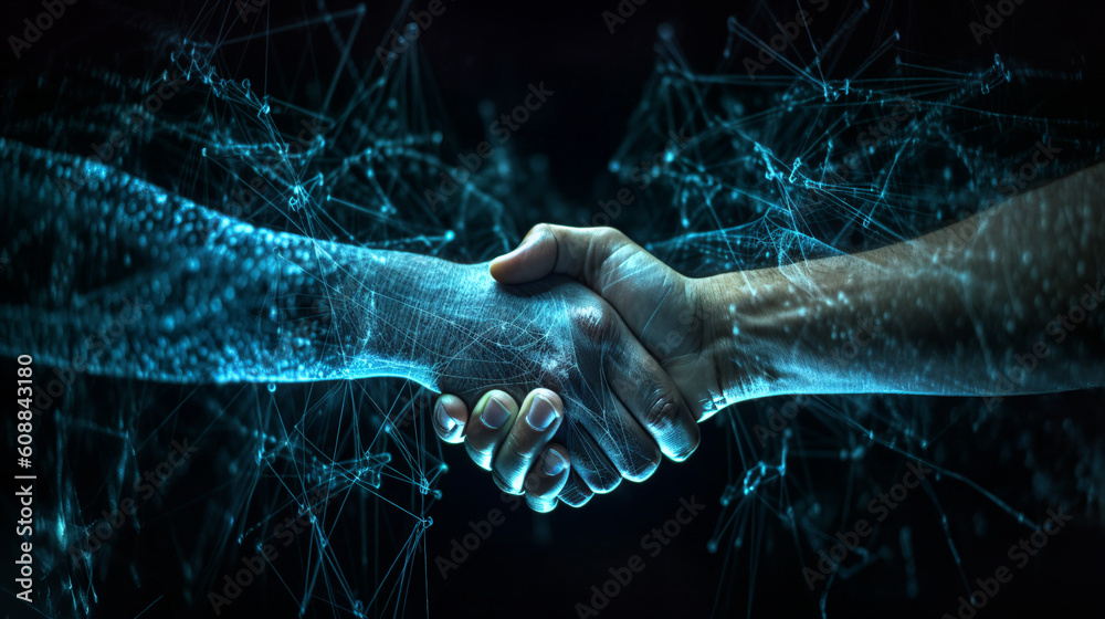 Human shaking hands with an AI, cyan energy, black background, Ai ...
