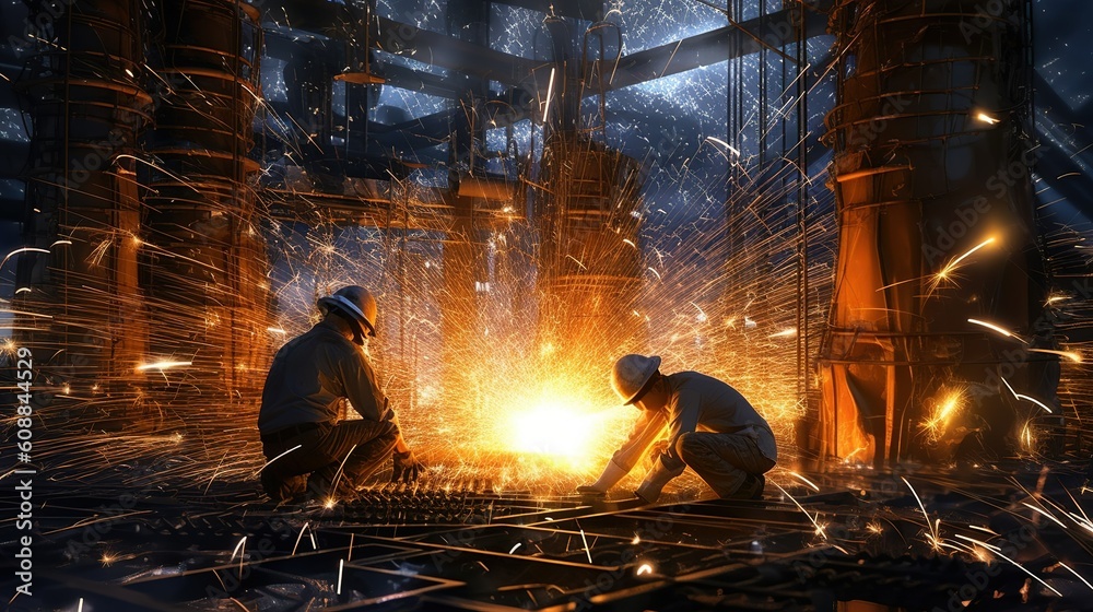 Teamwork of a group of welders working to construct a large metal ...