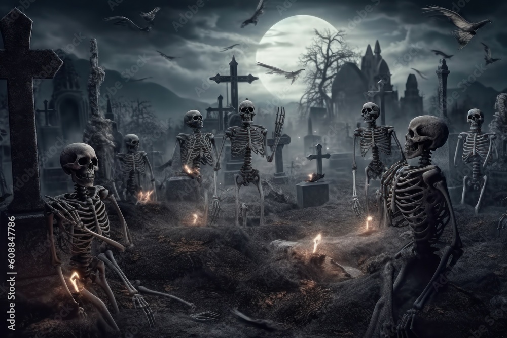 Zombies Rising In Dark. Bones And Skulls Out Of A Cemetery. AI ...