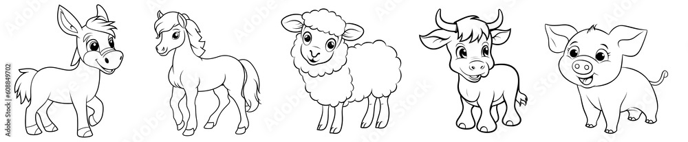Farm animals - cute Donkey, Horse, Sheep, Cow and Pig, simple thick ...