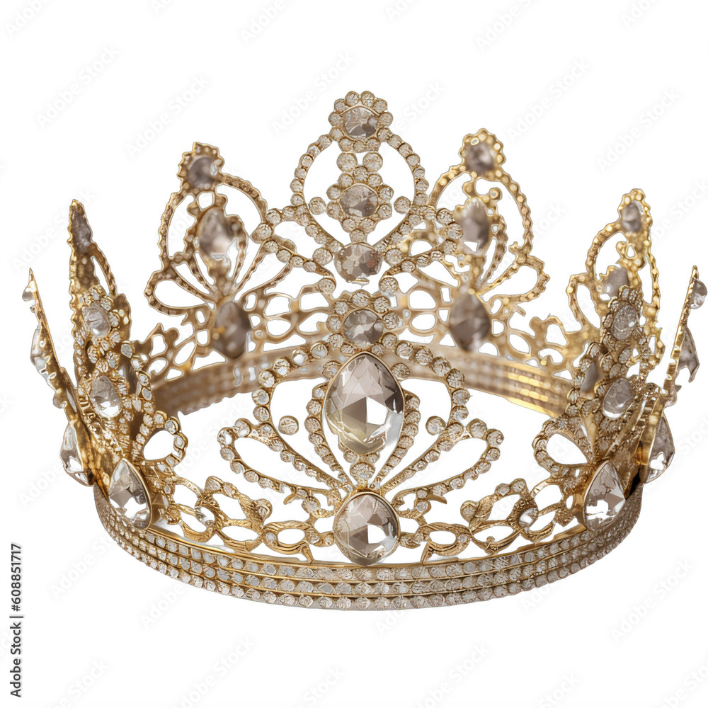 A golden crown with lots of diamonds on it on a transparent background ...