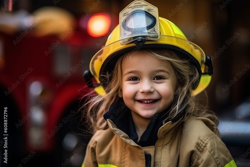 child girl that is wearing a firefighter's uniform against a fire ...